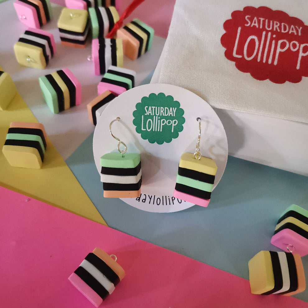 Licorice Allsort dangly earrings – Saturday Lollipop